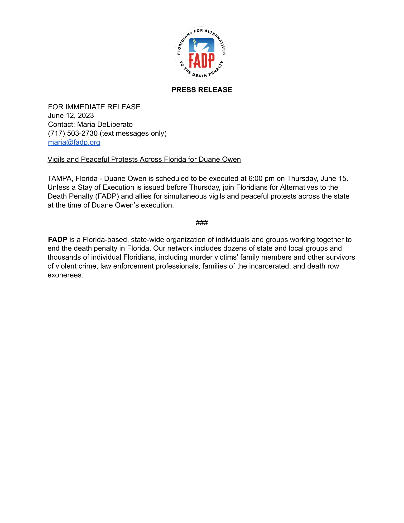 STATEWIDE VIGILS AND PROTESTS FOR DUANE OWEN - Floridians for ...